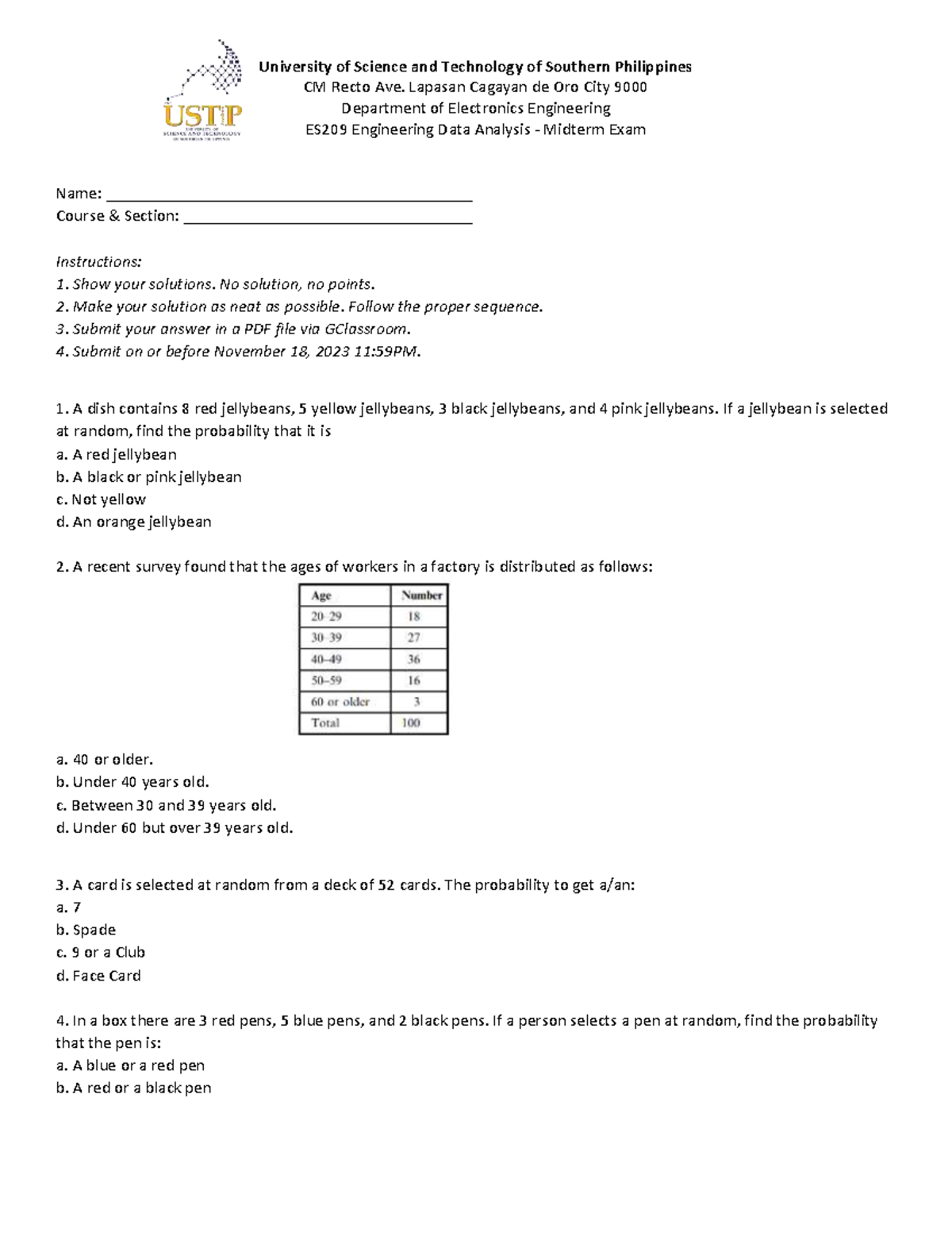 ES209 - Midterm Exam on Probability in Engineering Data Analysis - Studocu