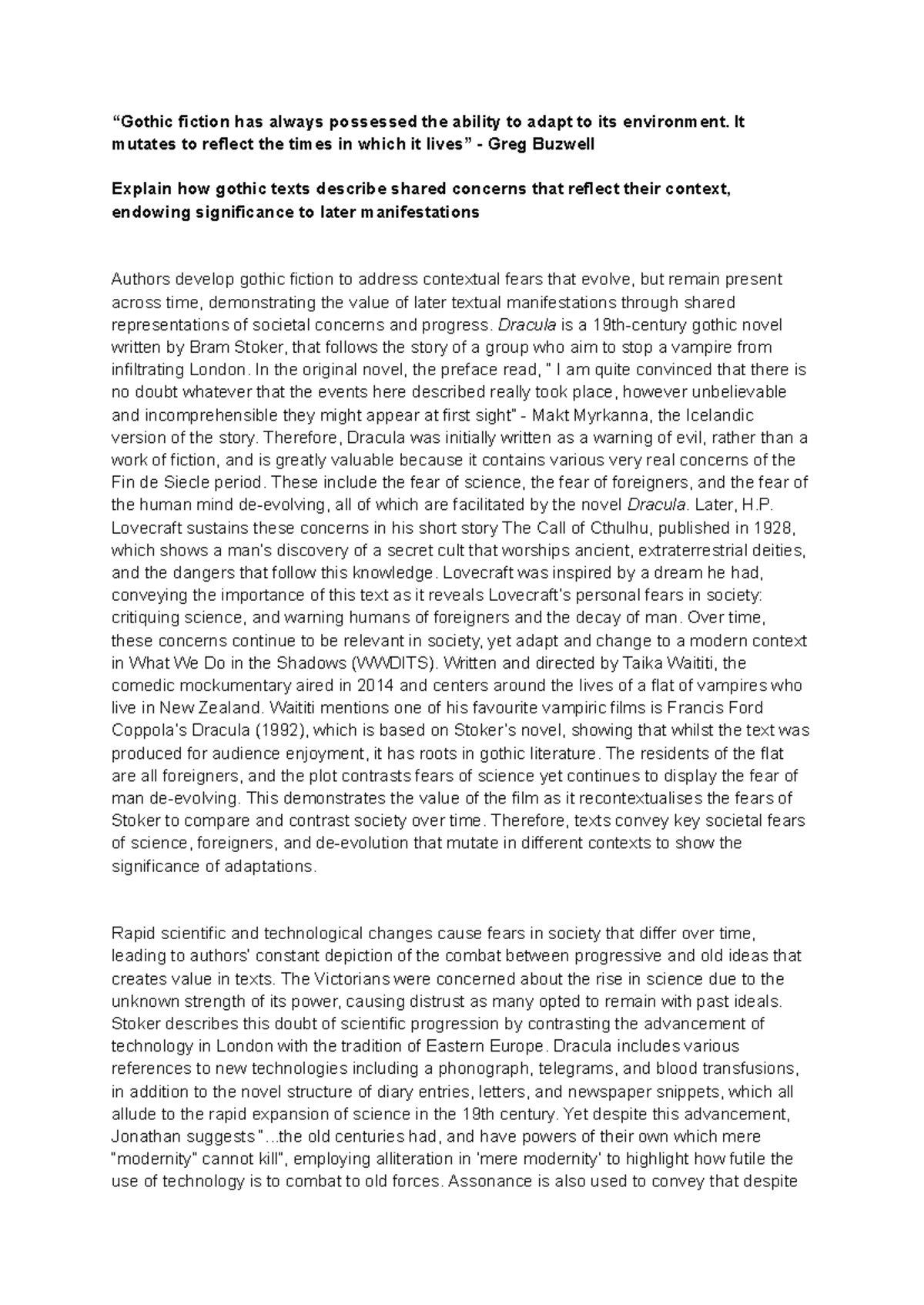 EXT Essay - Gothic Themes in Dracula, Cthulhu, and WWDITS Analysis ...