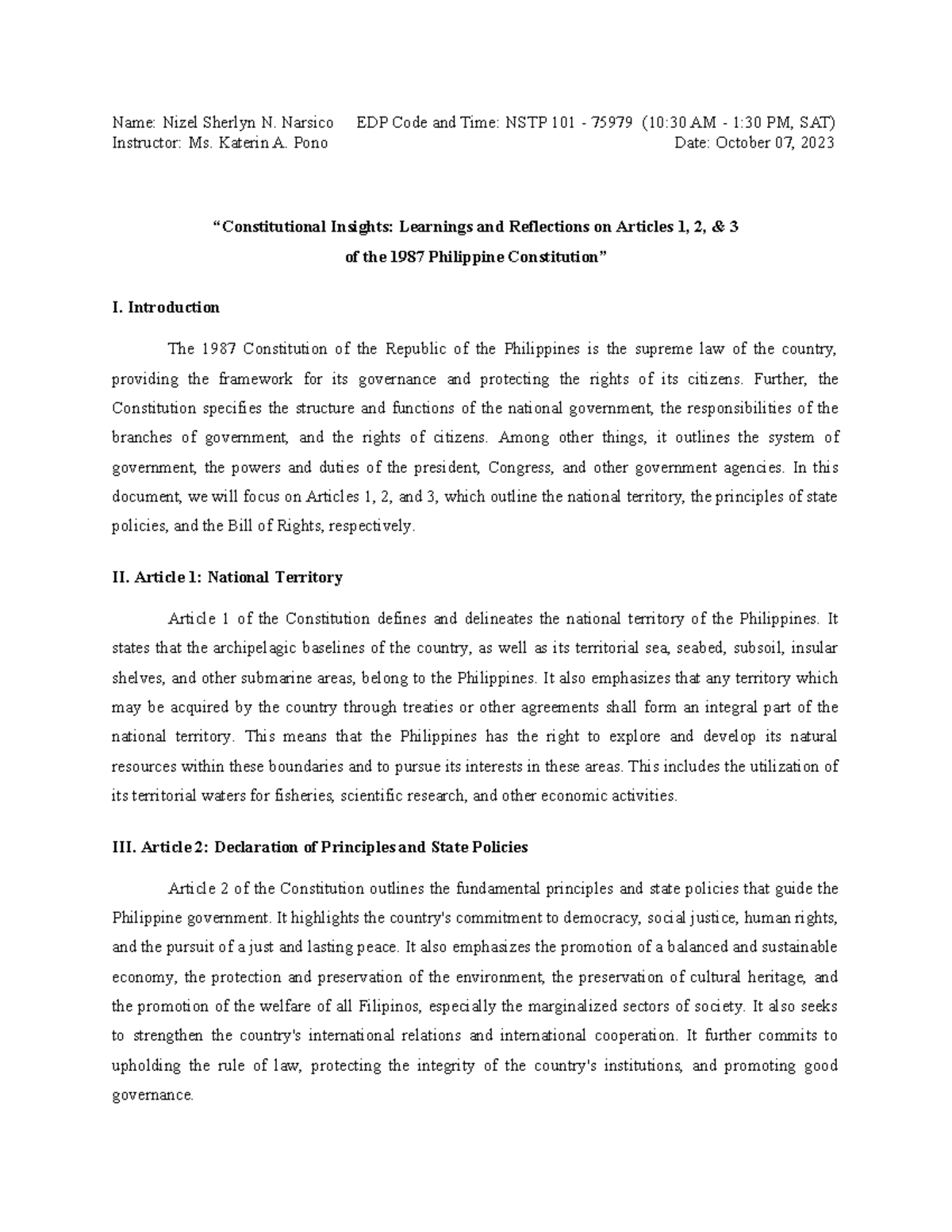 NSTP 101 insights and reflections on the 1987 Philippine Constitution ...