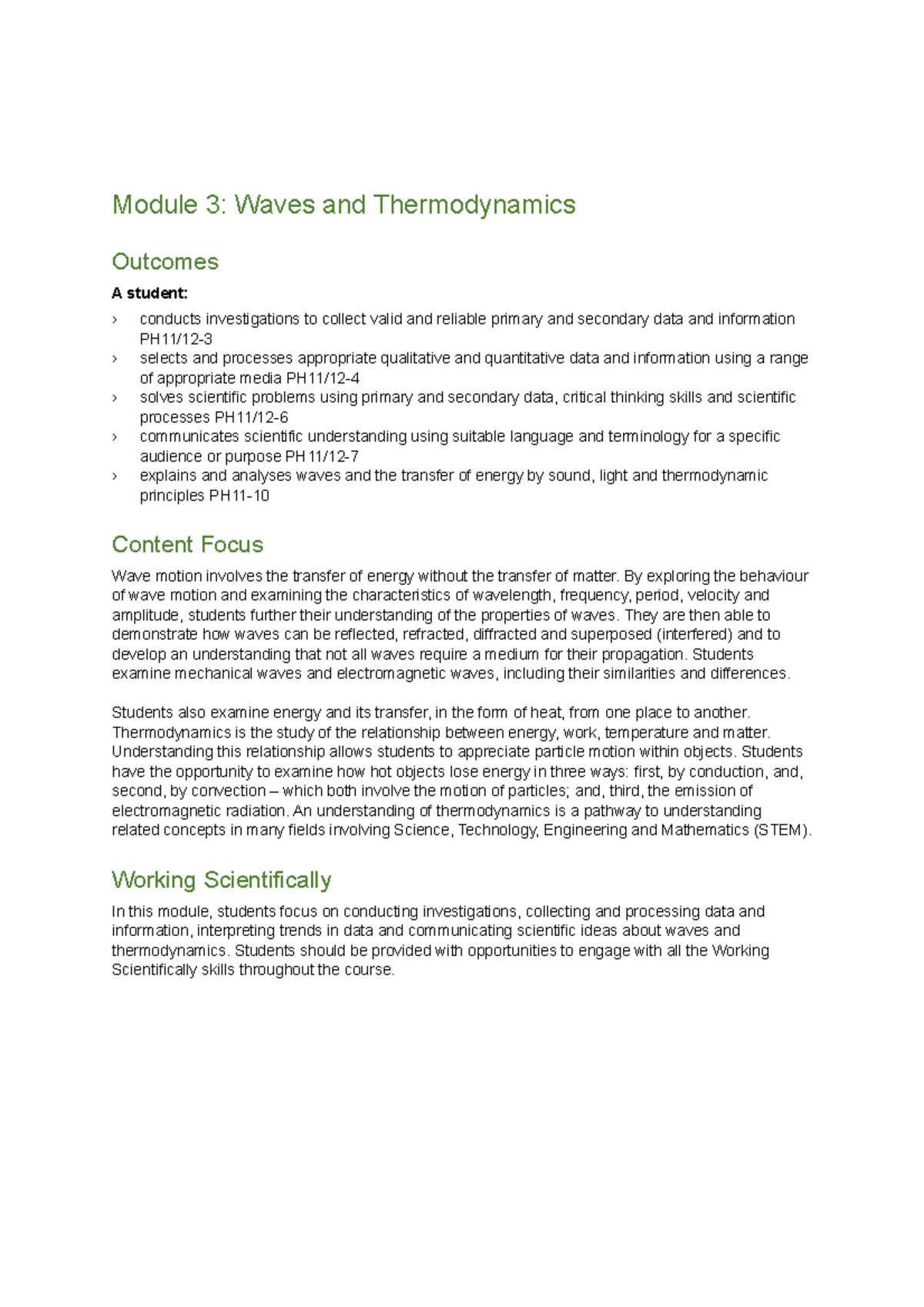 Physics Module 3: Waves & Thermodynamics Overview and Investigations ...