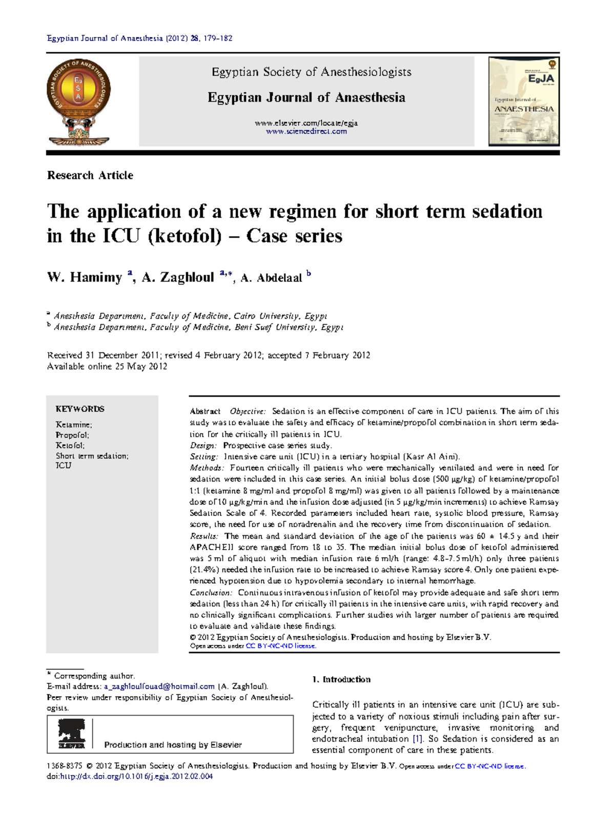 Ketofol for Short-Term Sedation in ICU Patients: A Case Series Study ...