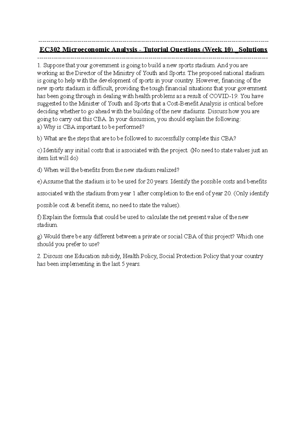 EC302 Microeconomic Analysis Week 10 Tutorial Questions Solutions - Studocu