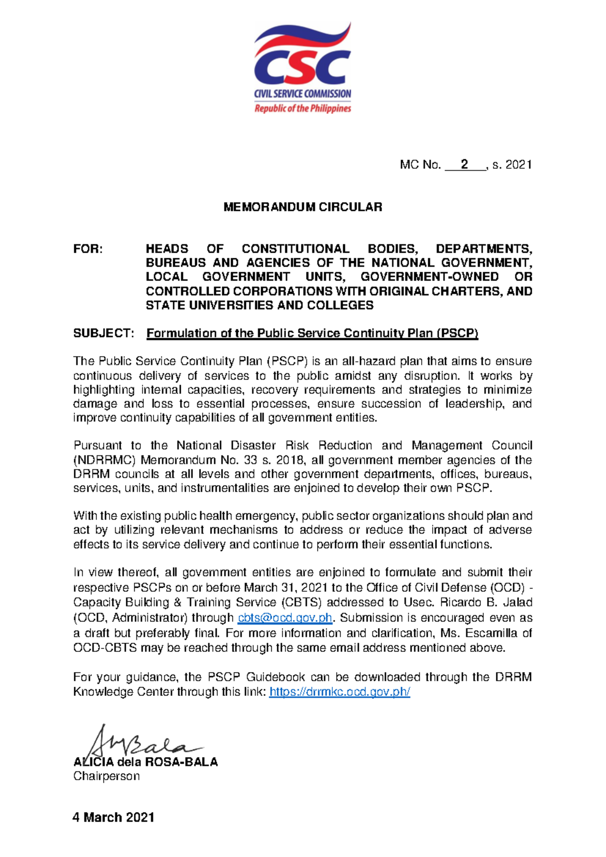 MC No. 02, s. 2021 - Public Service Continuity Plan (PSCP) Guidelines ...
