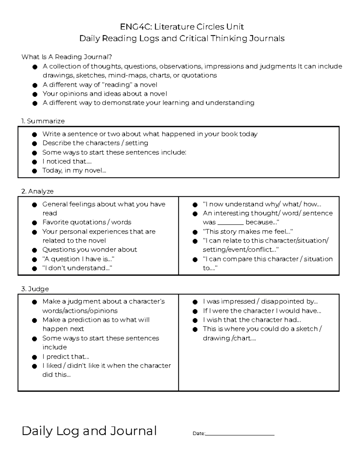 Reading Log (3) - Variant - ENG4C: Literature Circles Unit Daily ...