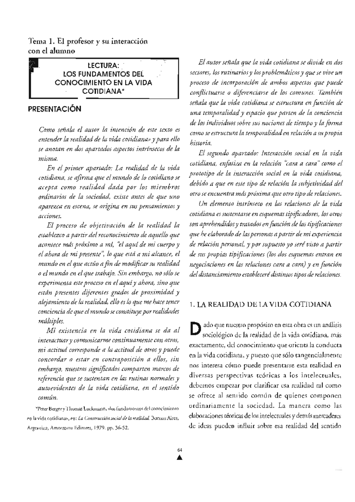 Lectura 4. Fundamentos del Conocimiento en la Vida Cotidiana - Studocu