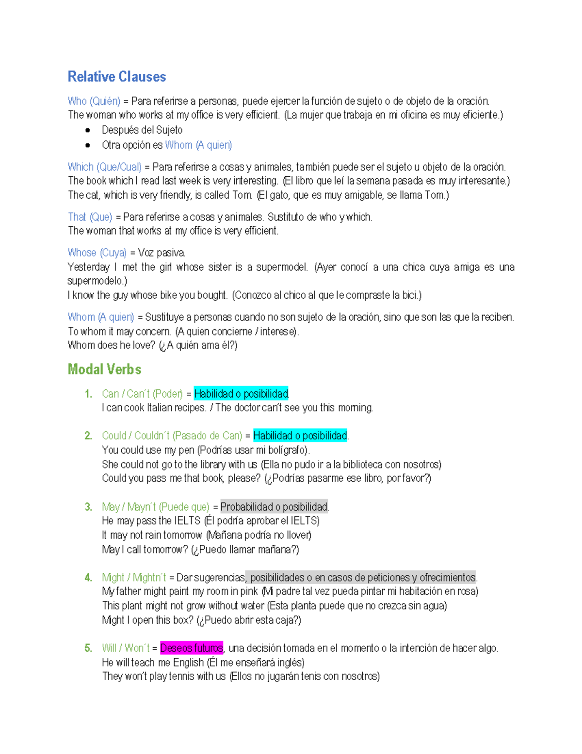 Inglés 2: Relative Clauses, Modal Verbs, Passive Voice, and Tenses ...