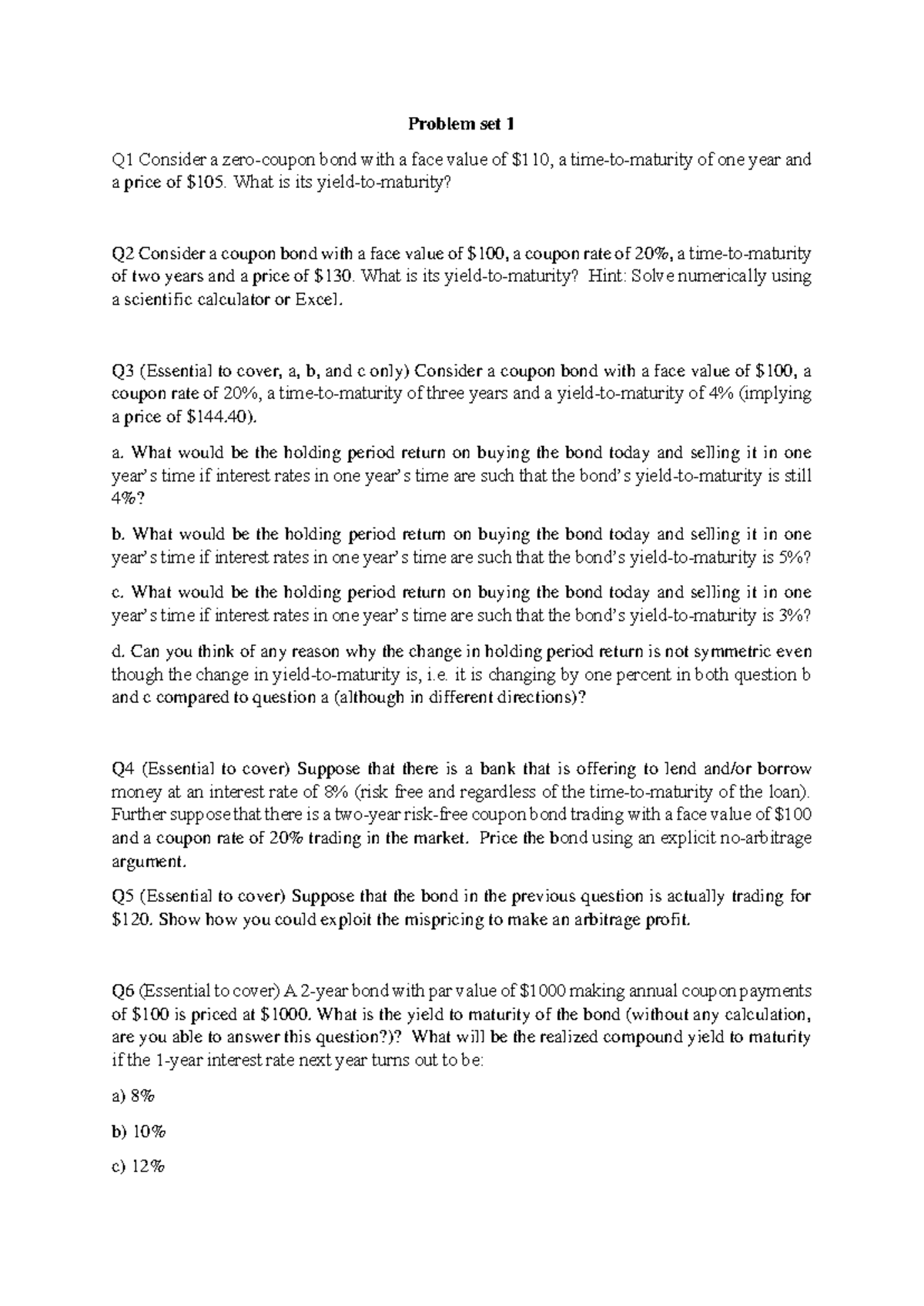 FINS: Problem Set 1 - Tutorial Solutions for Bond Valuation - Studocu