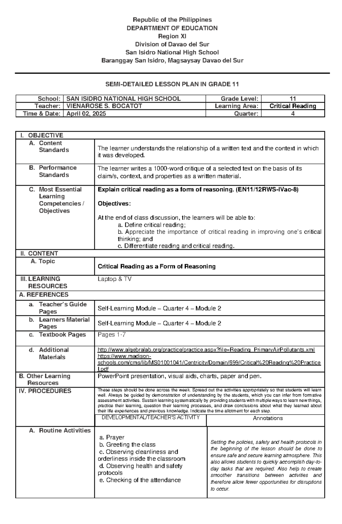 Grade 11 Lesson Plan: Critical Reading Strategies and Activities - Studocu