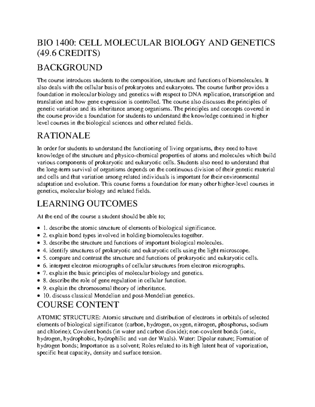 BIO 1400 - Biology 1400 first year course for Natural Science students ...