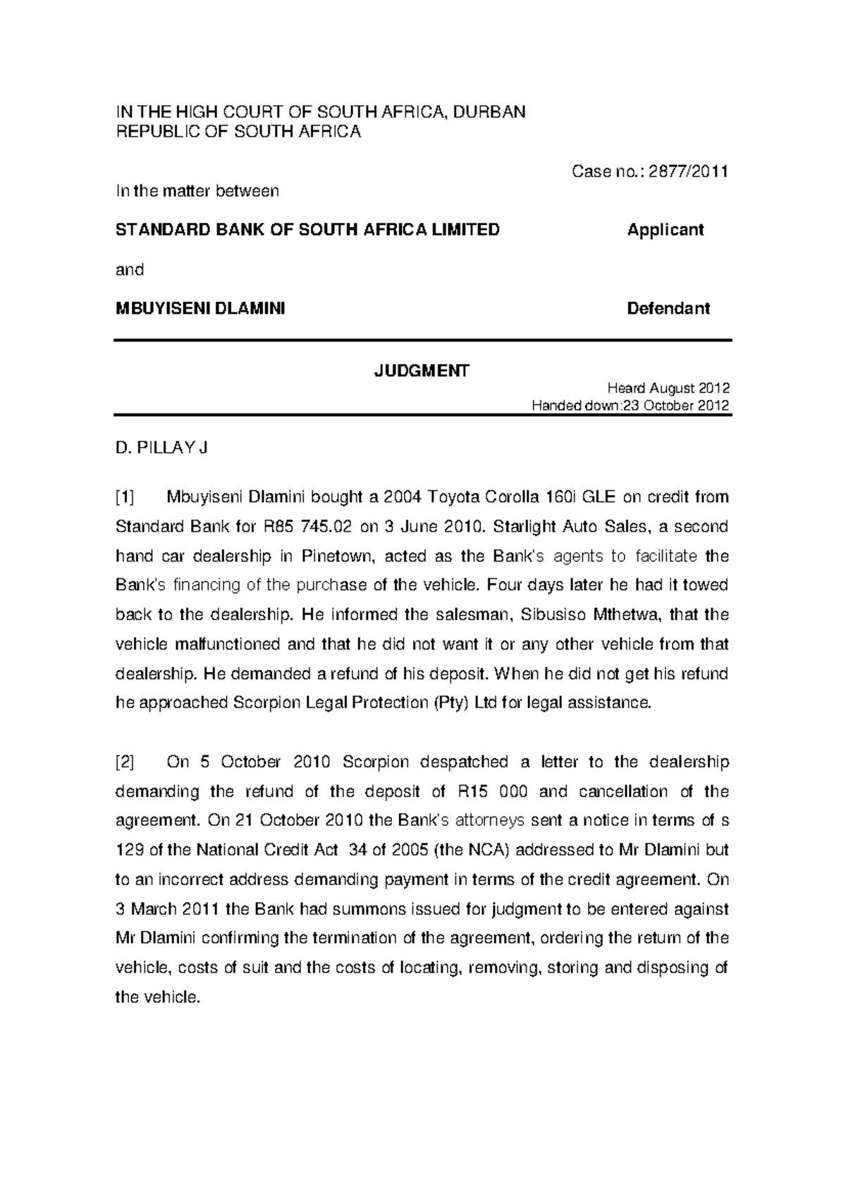 Standard Bank V Dlamini Plain Language Coup CASE - IN THE HIGH COURT OF SOUTH AFRICA, DURBAN ...