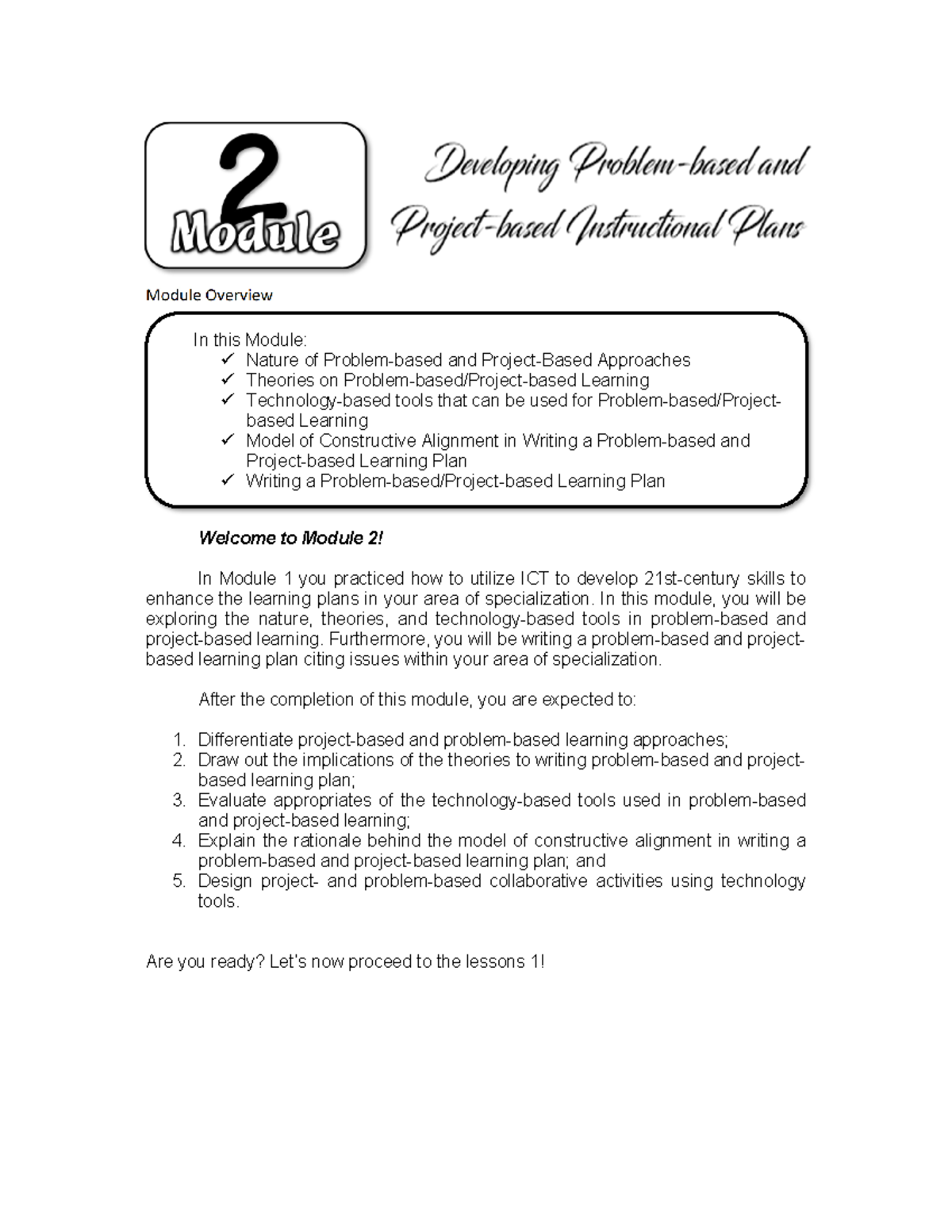 Module 2: Instructional Plans for Problem and Project-Based Learning ...