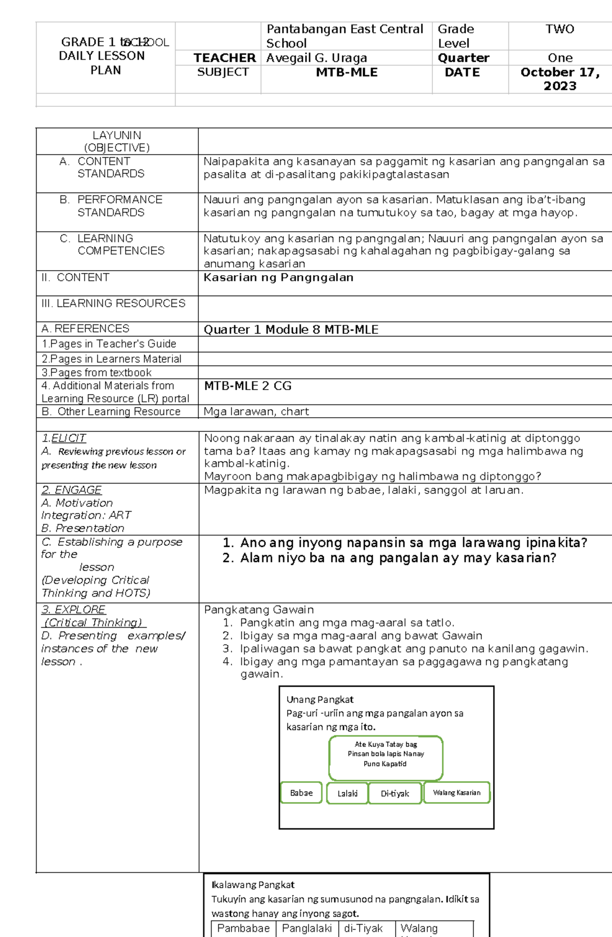 COT 1st Quarter MTB-MLE Lesson Plan: Gender of Nouns for Gr. 2 - Studocu