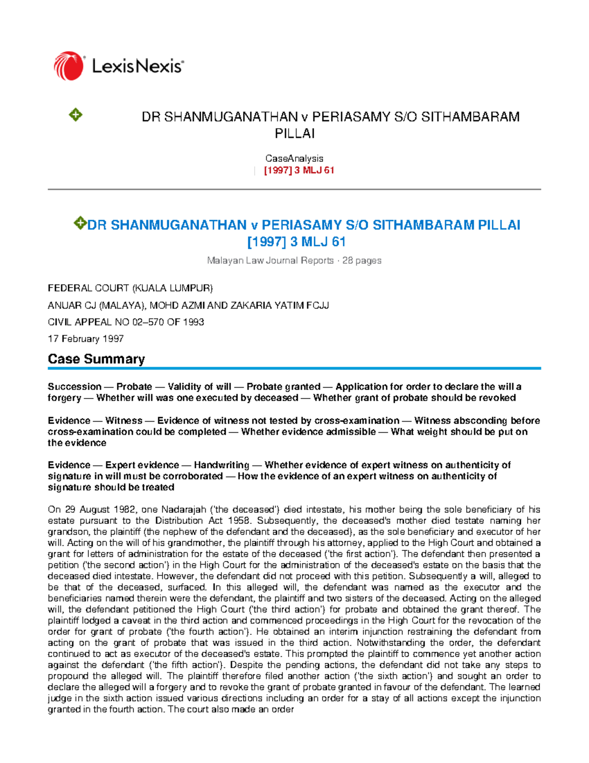 DR SHANMUGANATHAN v PERIASAMY SITHAMBARAM PILLAI Case Study Analysis 3 ...