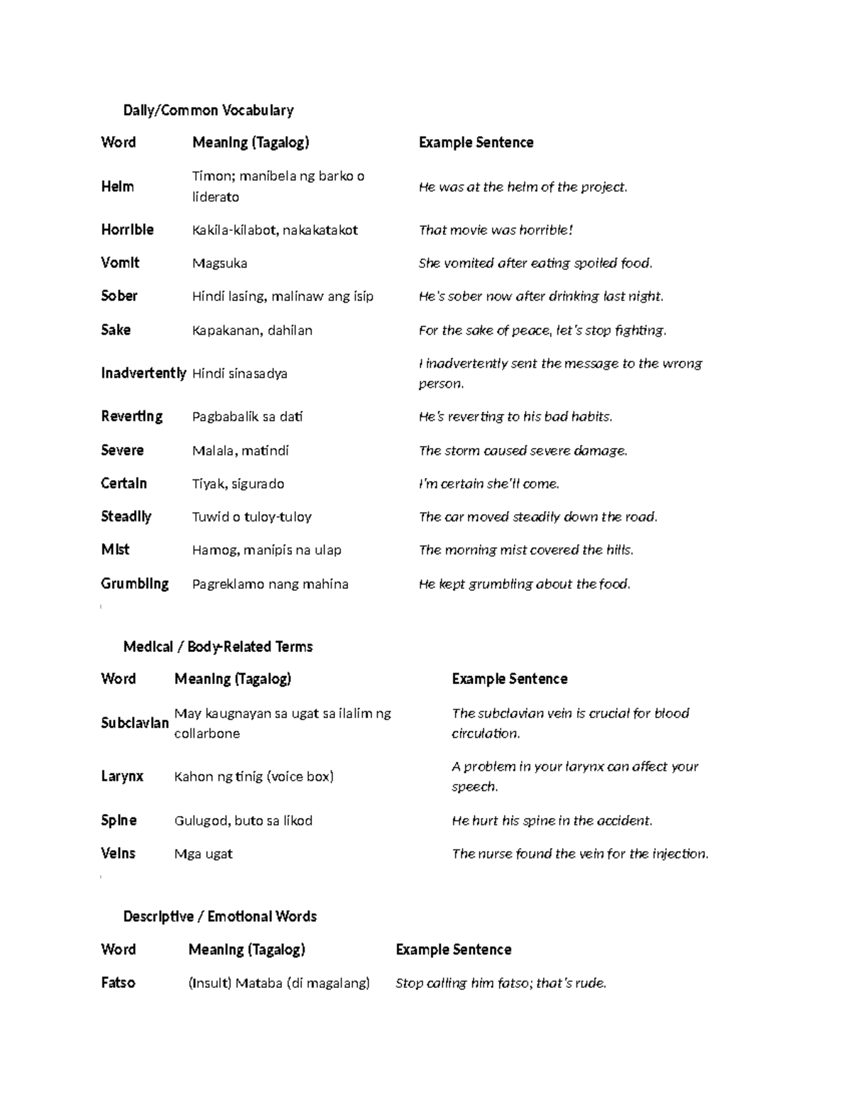Daily Vocabulary & Medical Terms (ENG-Tagalog) - Studocu