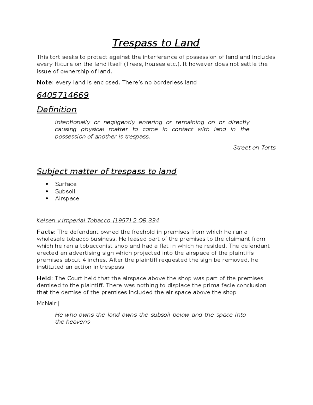 Trespass to Land: Key Cases and Legal Principles in Tort Law - Studocu