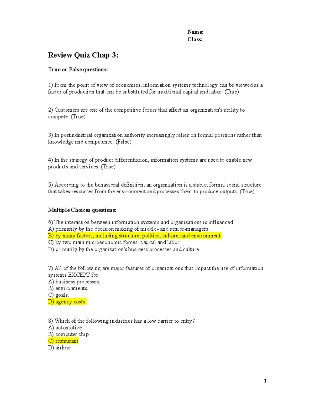 Review Quiz: True/False & Multiple Choice Questions for Class Week 3 ...
