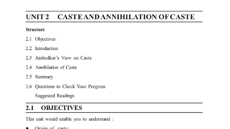 UNIT 2: Caste and Annihilation of Caste - A Study Guide - Studocu