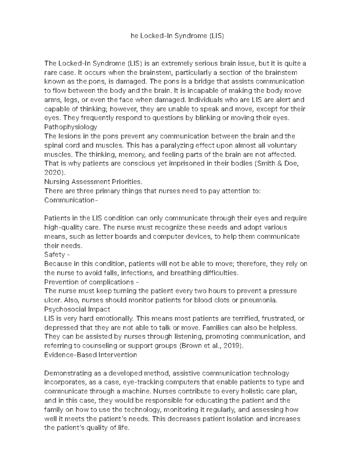 The Locked-In Syndrome (LIS): Nursing Assessment & Interventions - Studocu
