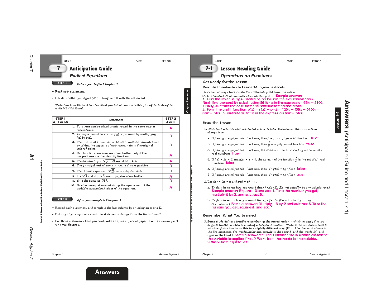 Chapter 7 Glencoe Algebra 2: Operations on Functions Study Guide - Studocu