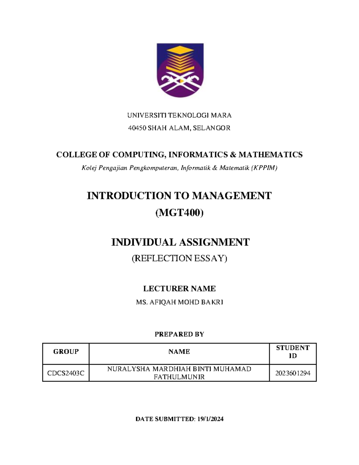 MGT400 Reflection Essay: Insights on Management Learning Journey - Studocu