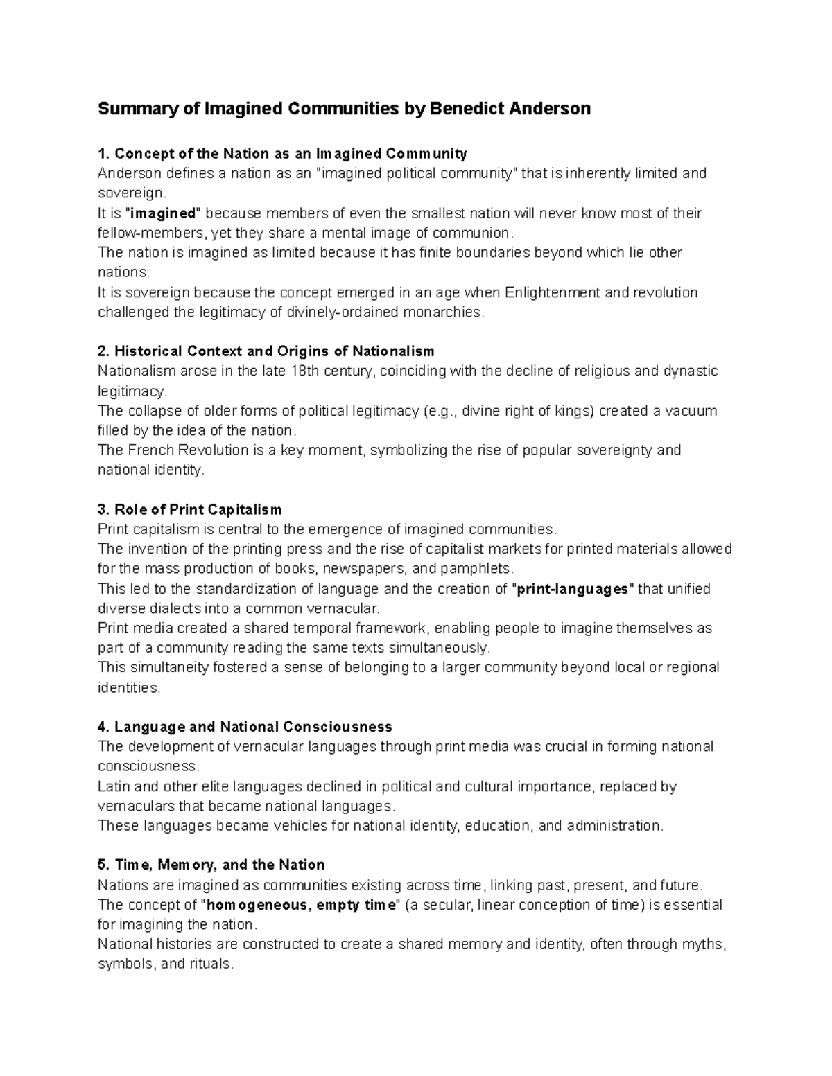 Imagined Communities: Summary of Anderson's Key Concepts - BSB - Studocu