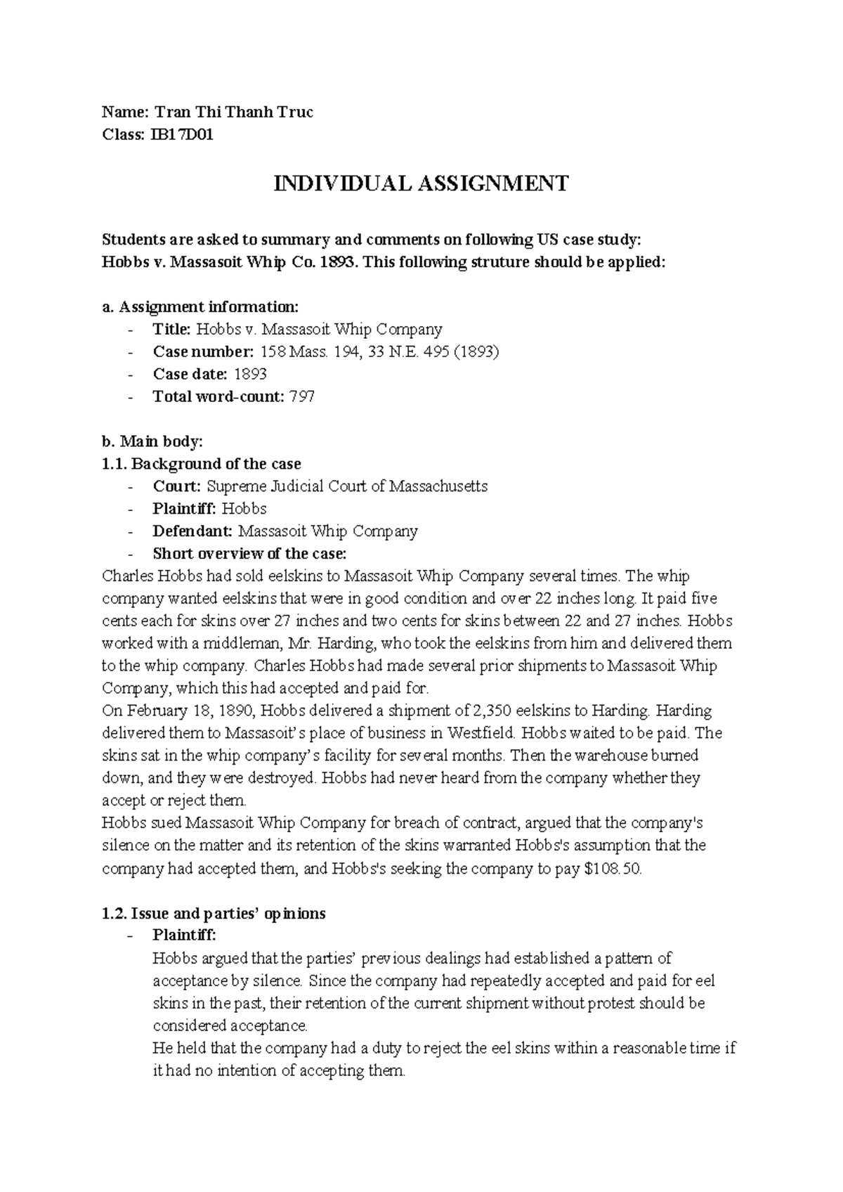Hobbs v. Massasoit Whip Co. Case Study Summary - IB17D01 Assignment ...