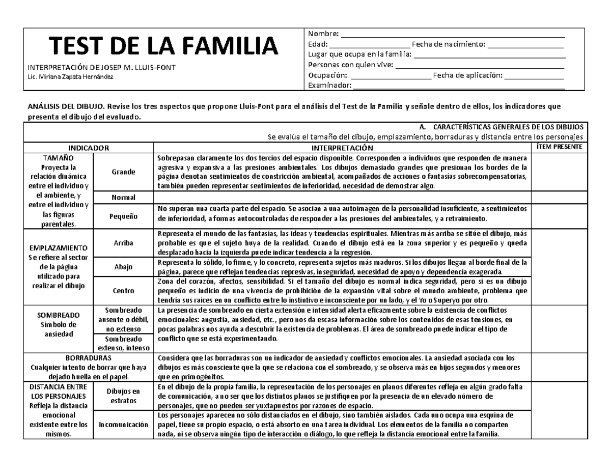 Análisis del Test de la Familia - Formato y Guía Interpretativa - Studocu