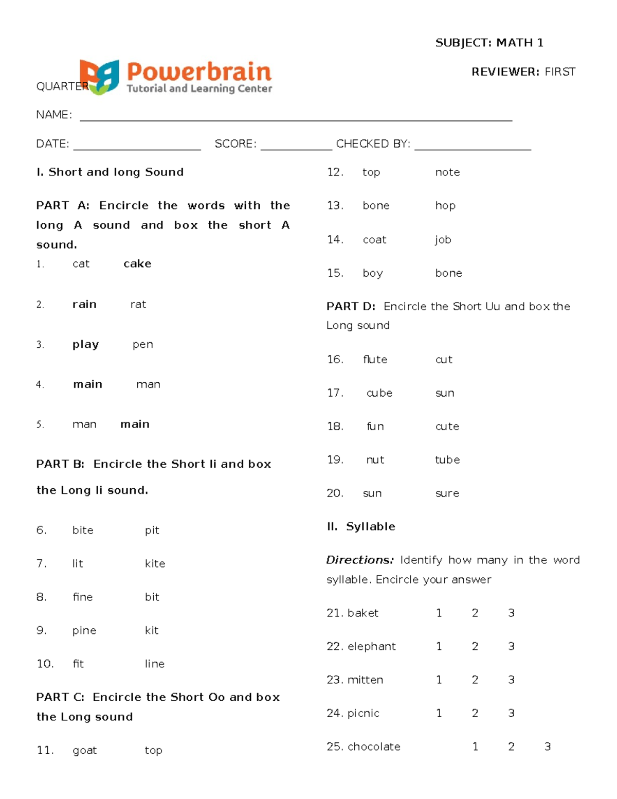 Q1 - English 2 Reviewer: Sounds and Syllables Practice - Studocu