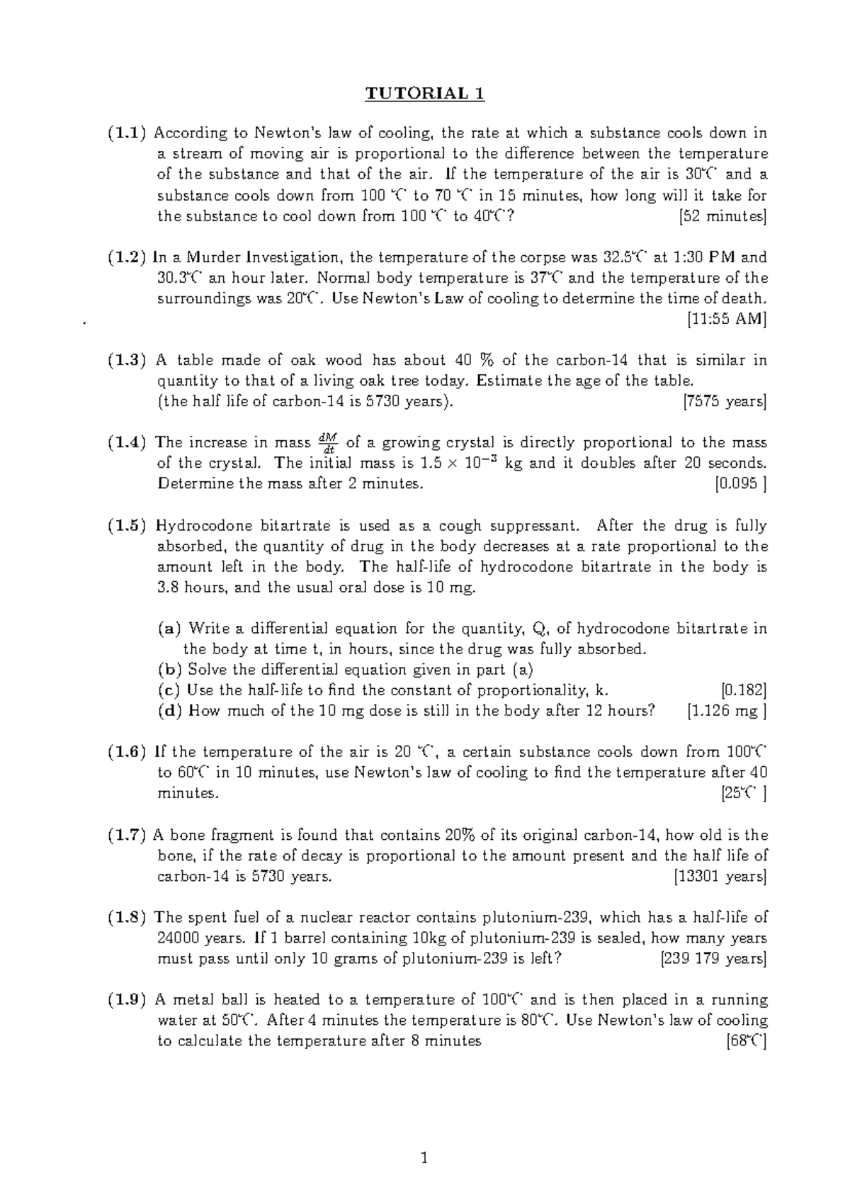 2026 Tutorial 1 - Law of Cooling & Growth/Decay Problems - Studocu