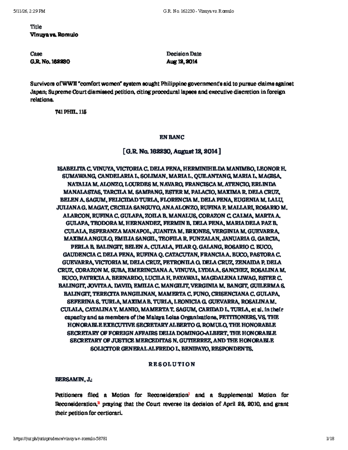G.R. No. 162230: Vinuya vs. Romulo Case Analysis and Decision Summary ...