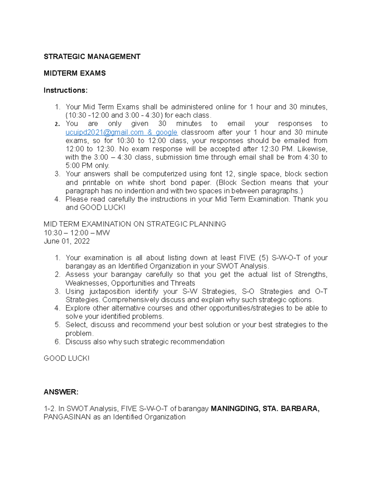 Strategic Management Midterm Exam: SWOT Analysis for Barangay - Studocu