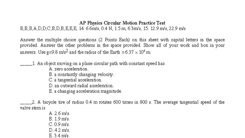 AP Physics Circular Motion Practice Test (24) - Studocu