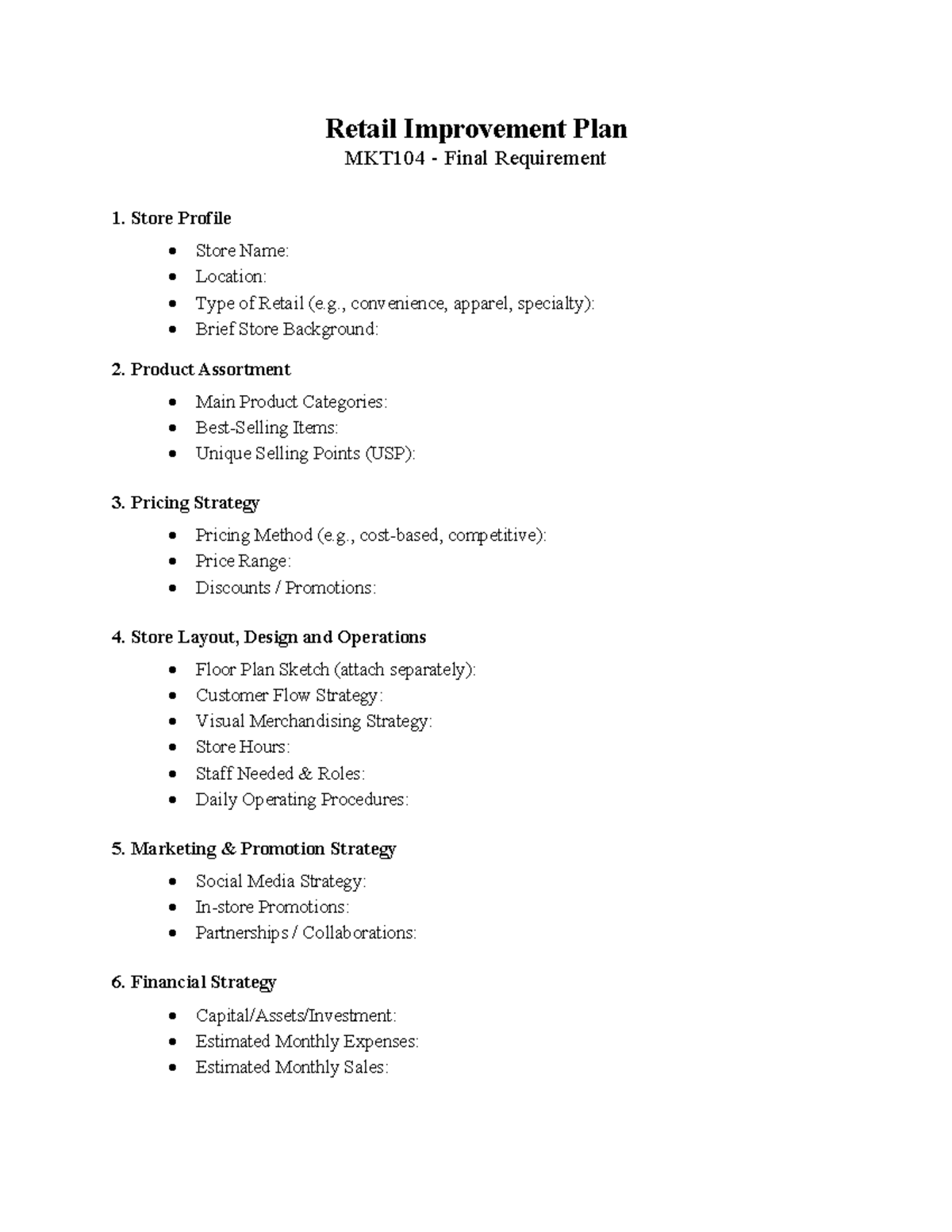Retail Improvement Plan MKT104 Final Project Overview - Studocu
