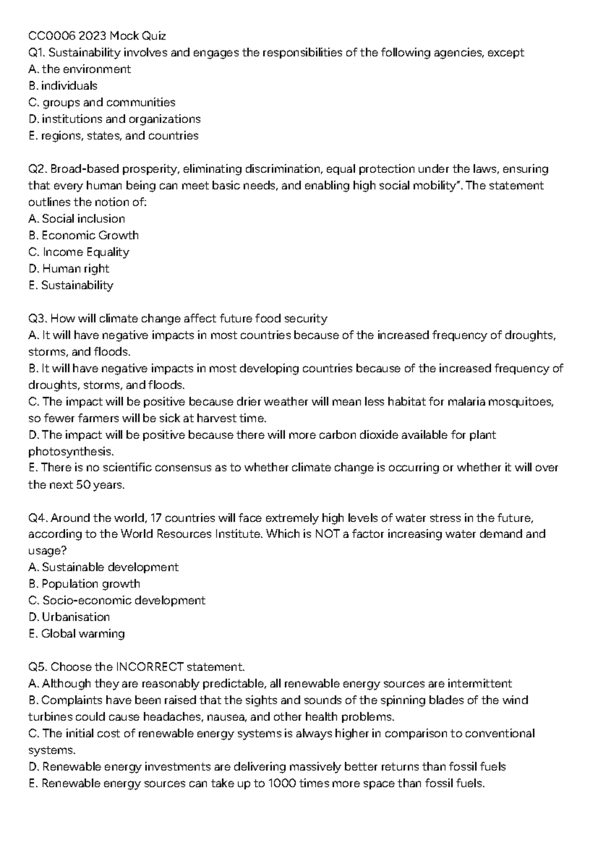 CC0006 2023 Mock Quiz - Sustainability and Environmental Practice ...
