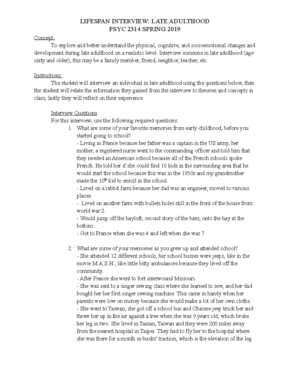 Lifespan Interview: Exploring Late Adulthood in PSYC 2314 - Studocu