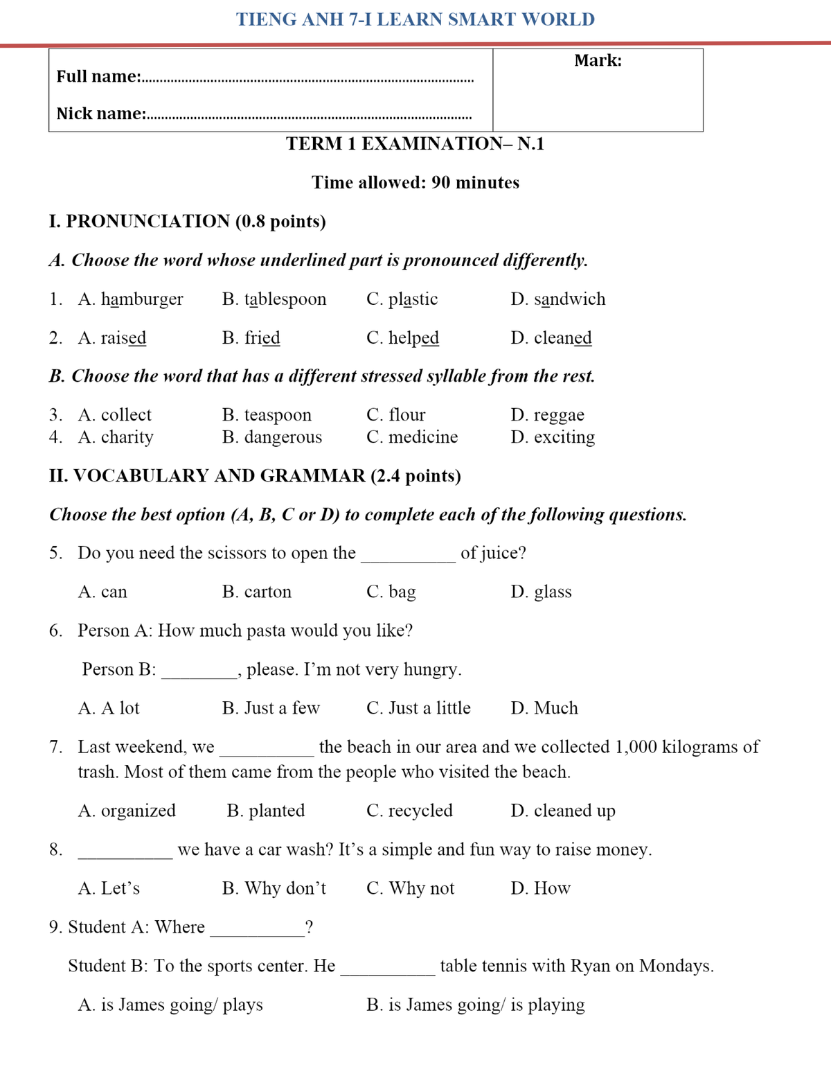 TIENG ANH LEARN SMART WORLD: TERM 1 N.1 Full Practice Exam - Studocu