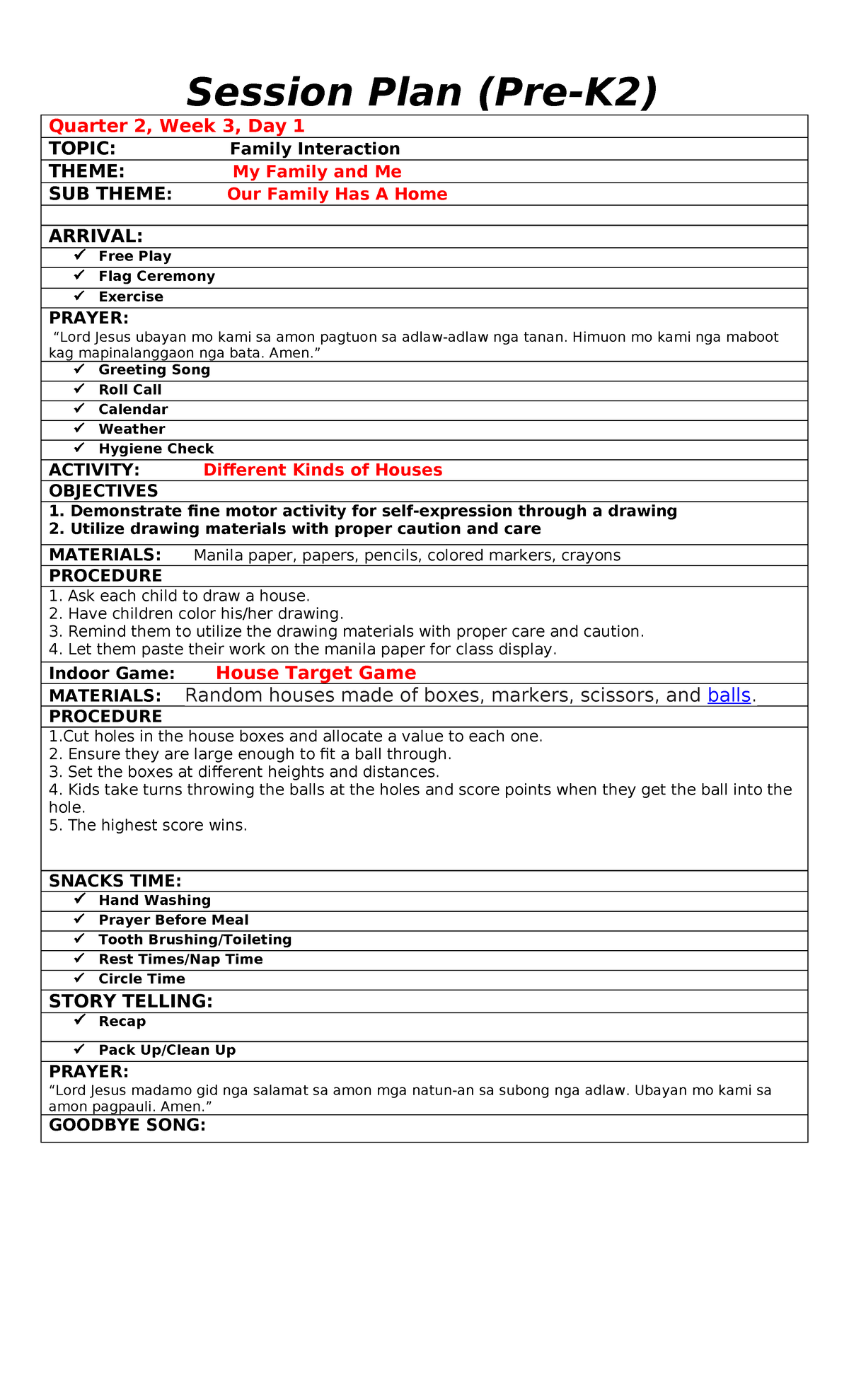 Quarter 2 ECCD Session Plan: Family Interaction Activities - Studocu