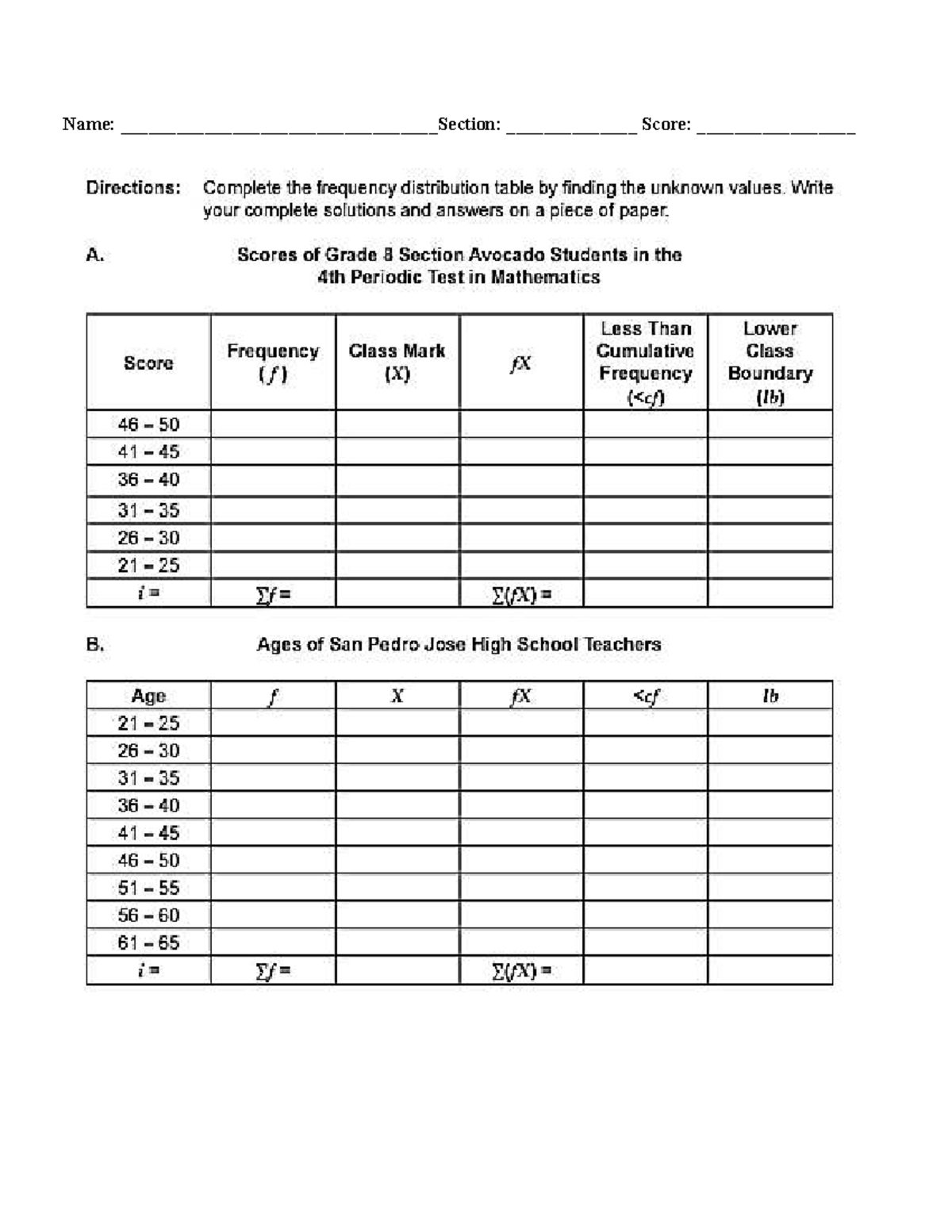 Frequency Distribution Table Worksheet for Grade 8 Math - Studocu