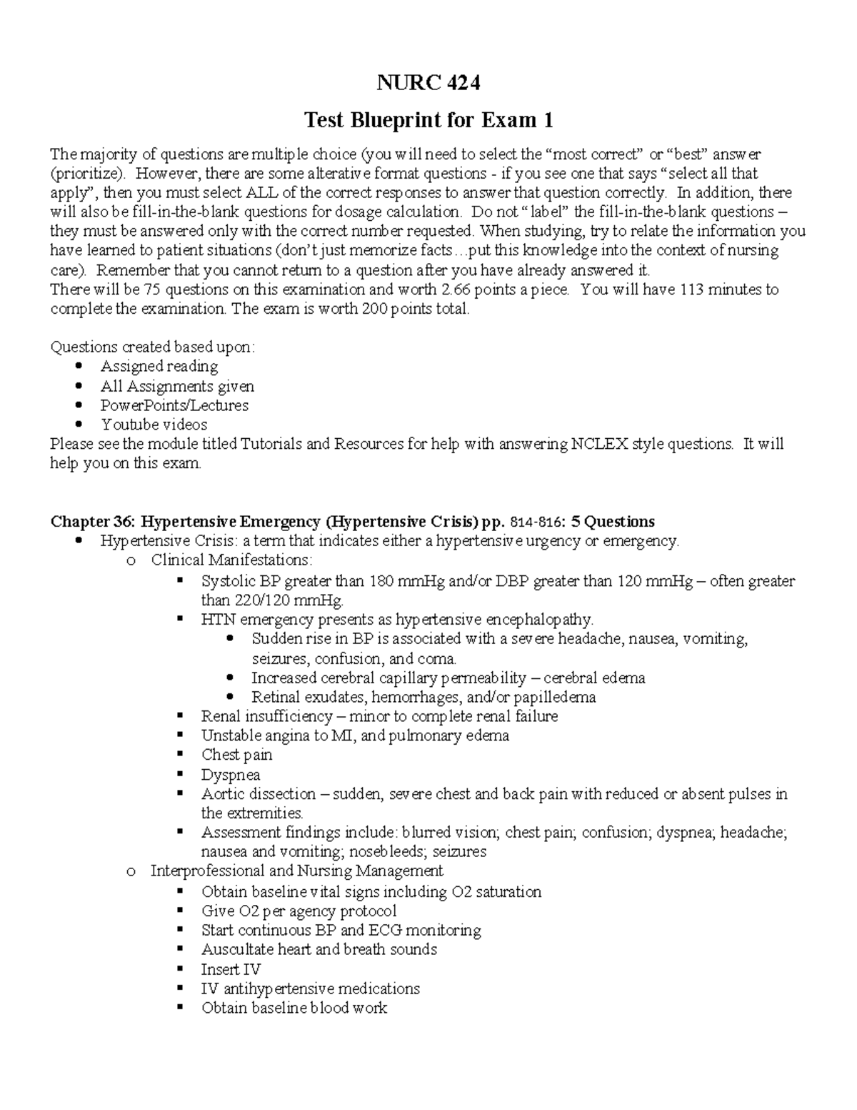 NURC 424 Exam 1 Test Blueprint Study Guide - Studocu