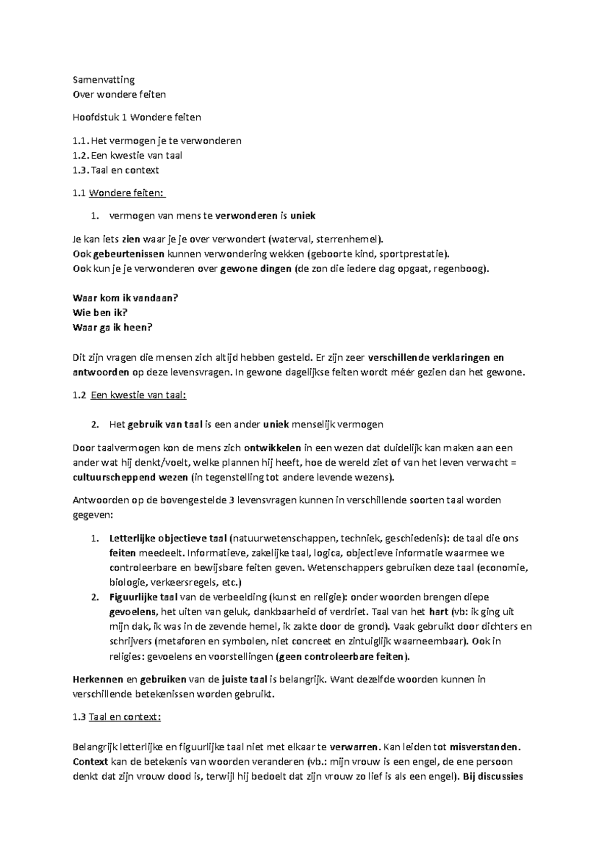 Samenvatting: Wondere Feiten en Taal – Hoofdstuk 1 - Studeersnel