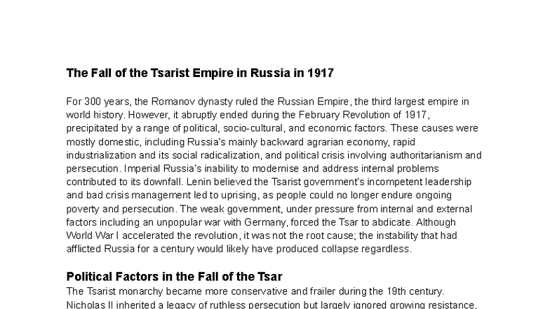 The Fall of the Tsarist Empire in Russia: Causes & Consequences (HIST ...