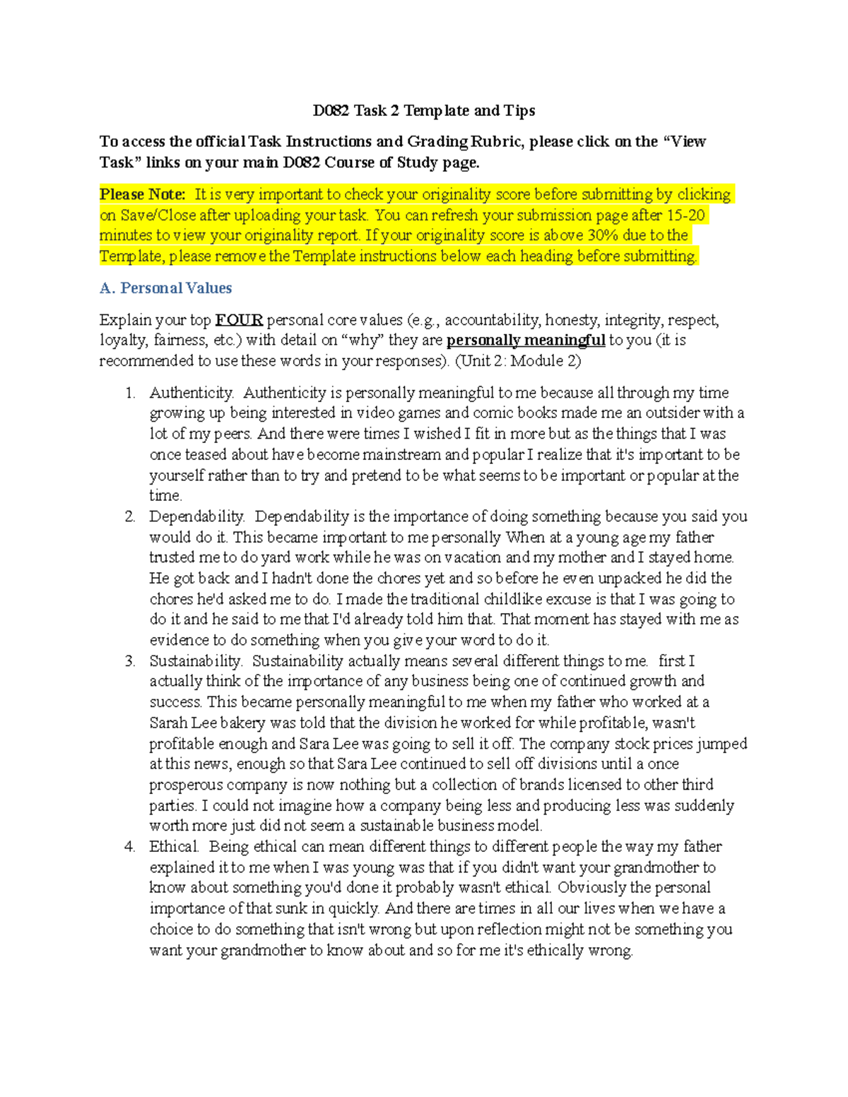 D082 Task 2 Submission: Core Values and Cultural Intelligence Analysis ...