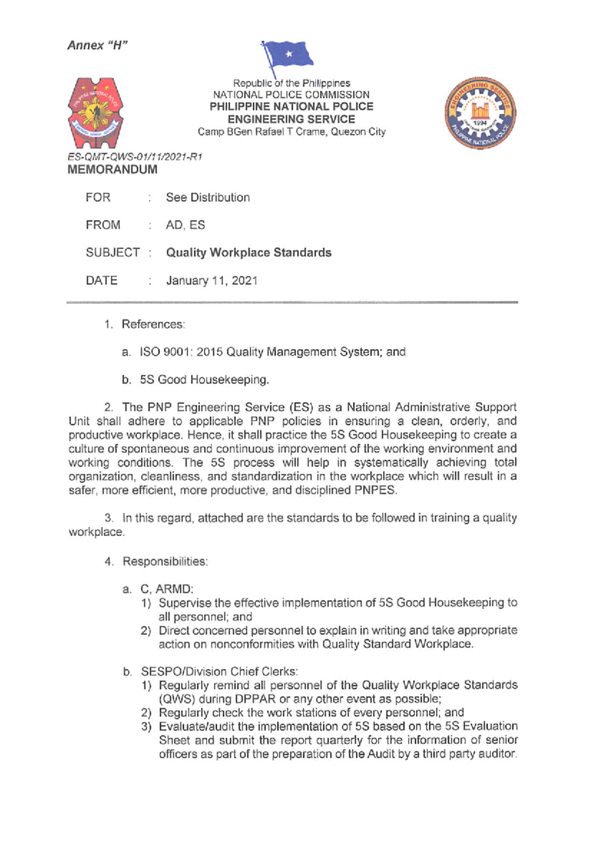 Annex H - Quality Workplace Standards for PNP Engineering Service - Studocu