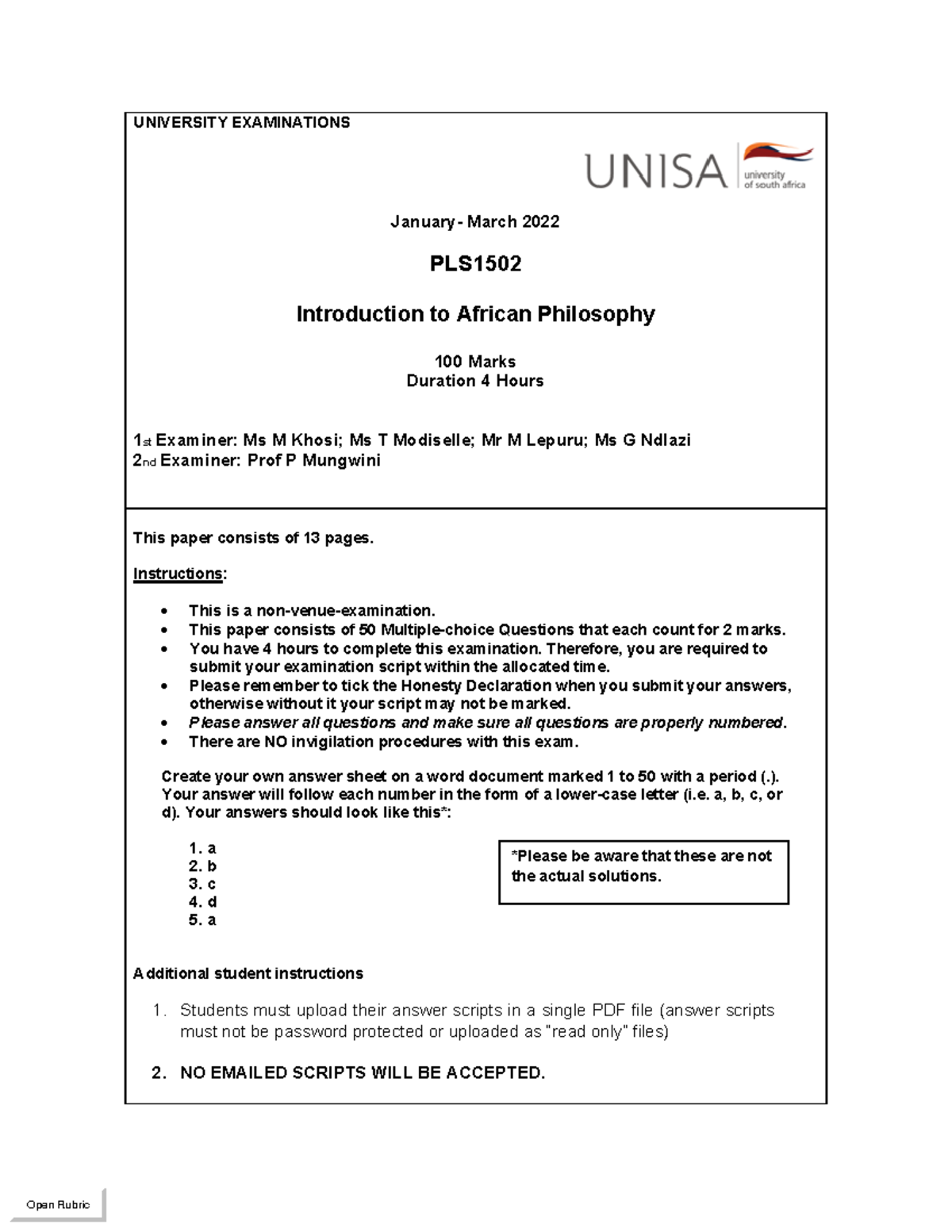 PLS1502 2022 January Exam: Introduction to African Philosophy (100 ...