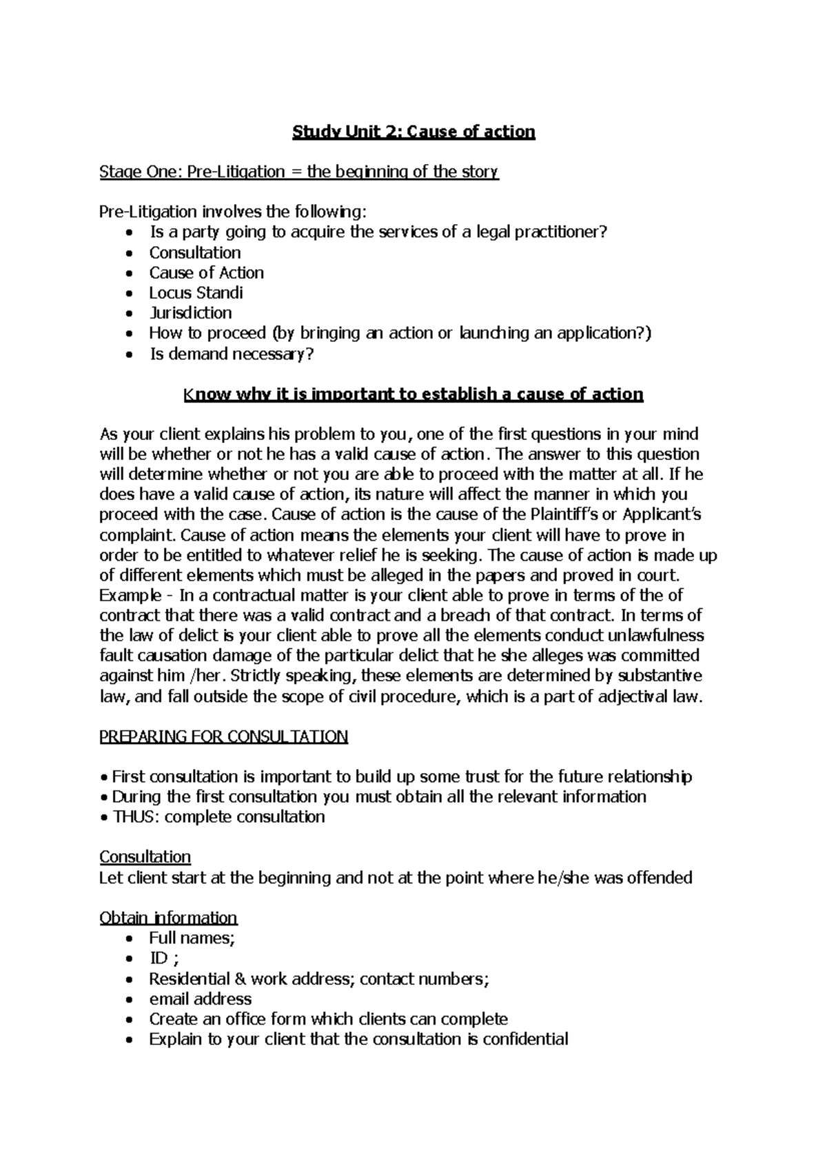 Civil Procedure Study Unit 2: Understanding Causes of Action - Studocu
