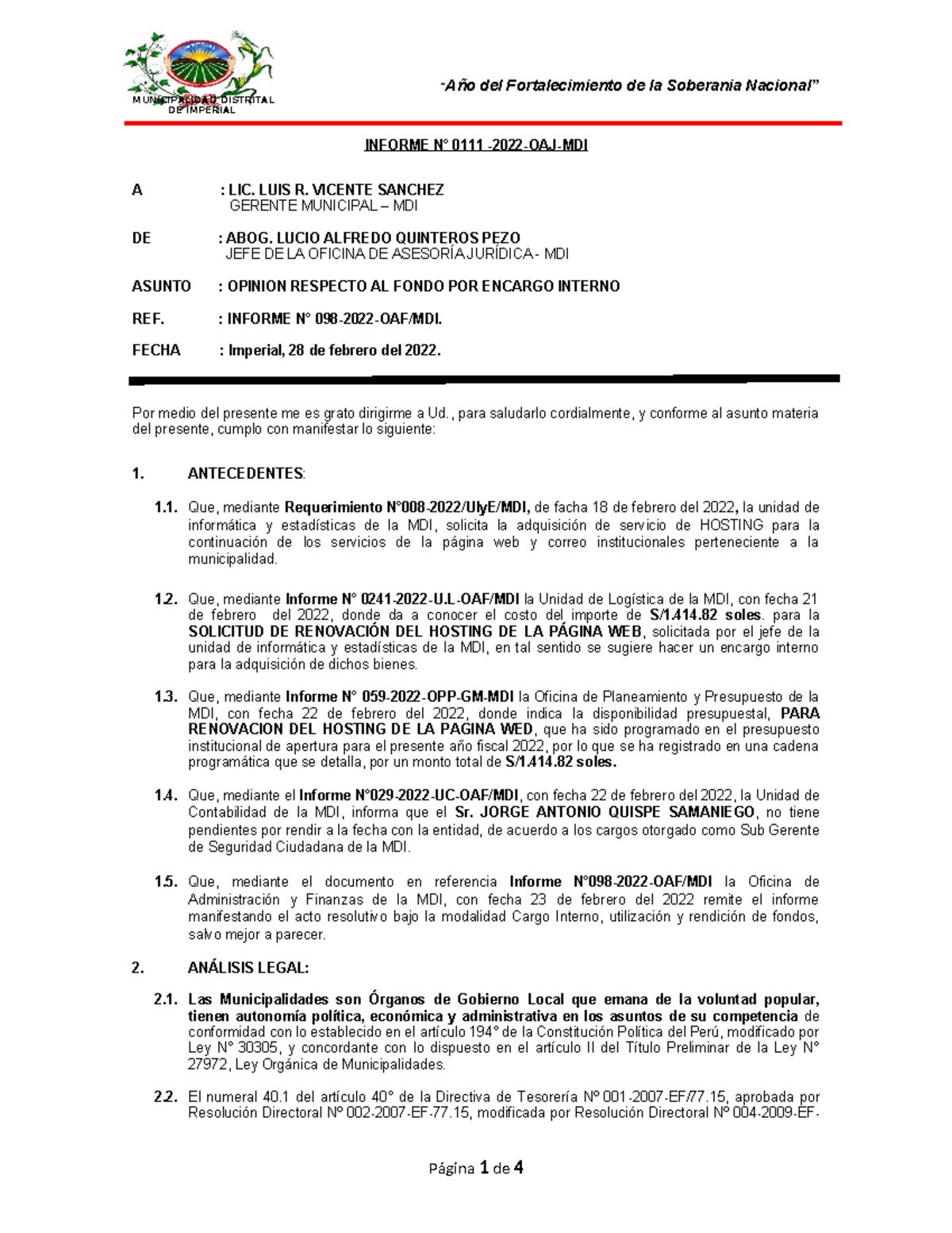 Informe N°111: Cargo Interno para Renovación de la Página Web MDI - Studocu