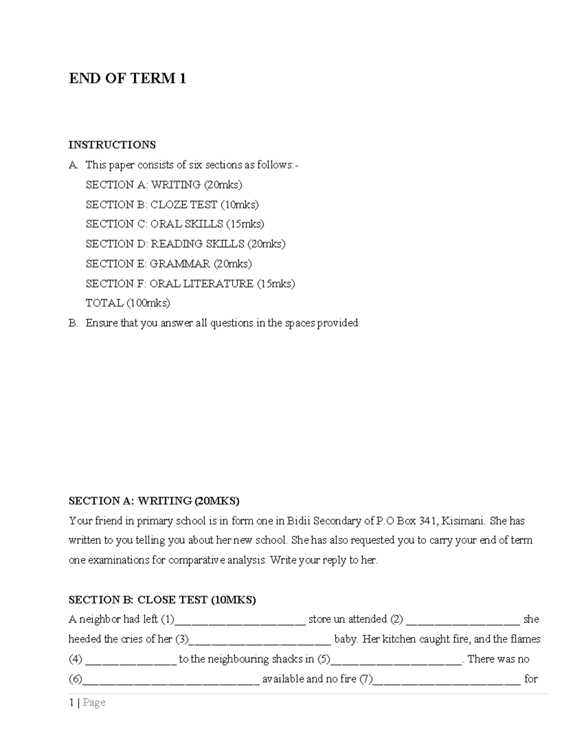 English FORM 1 - End of Term 1 Exam Instructions and Notes - Studocu