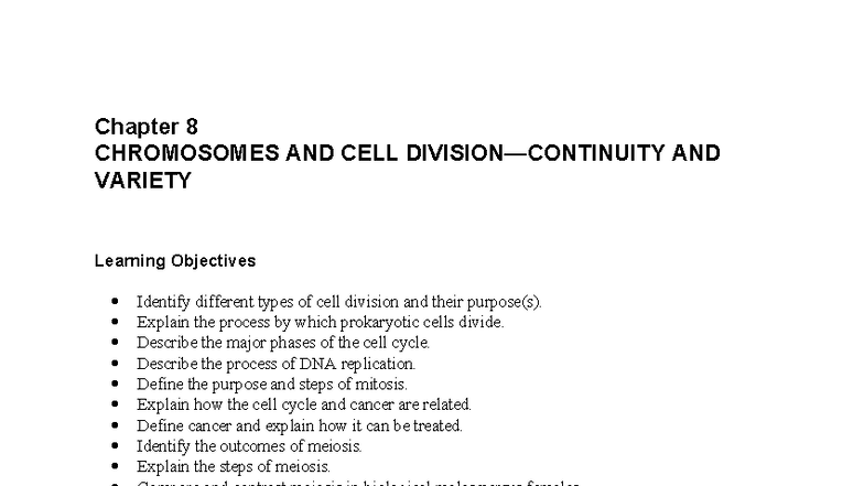Chapter 8: Chromosomes, Cell Division, and Cancer in Biology 1030 - Studocu