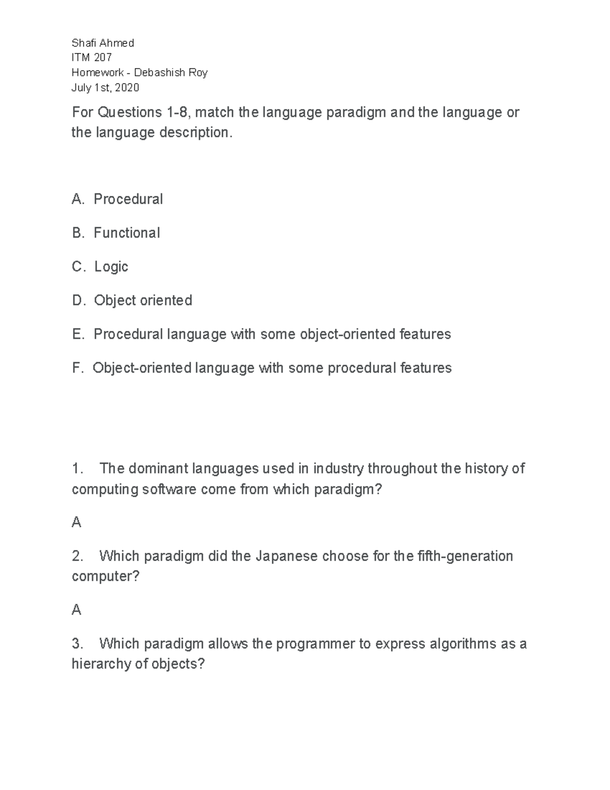 ITM207 - Homework - Computer Programming Languages - Shafi Ahmed ITM ...
