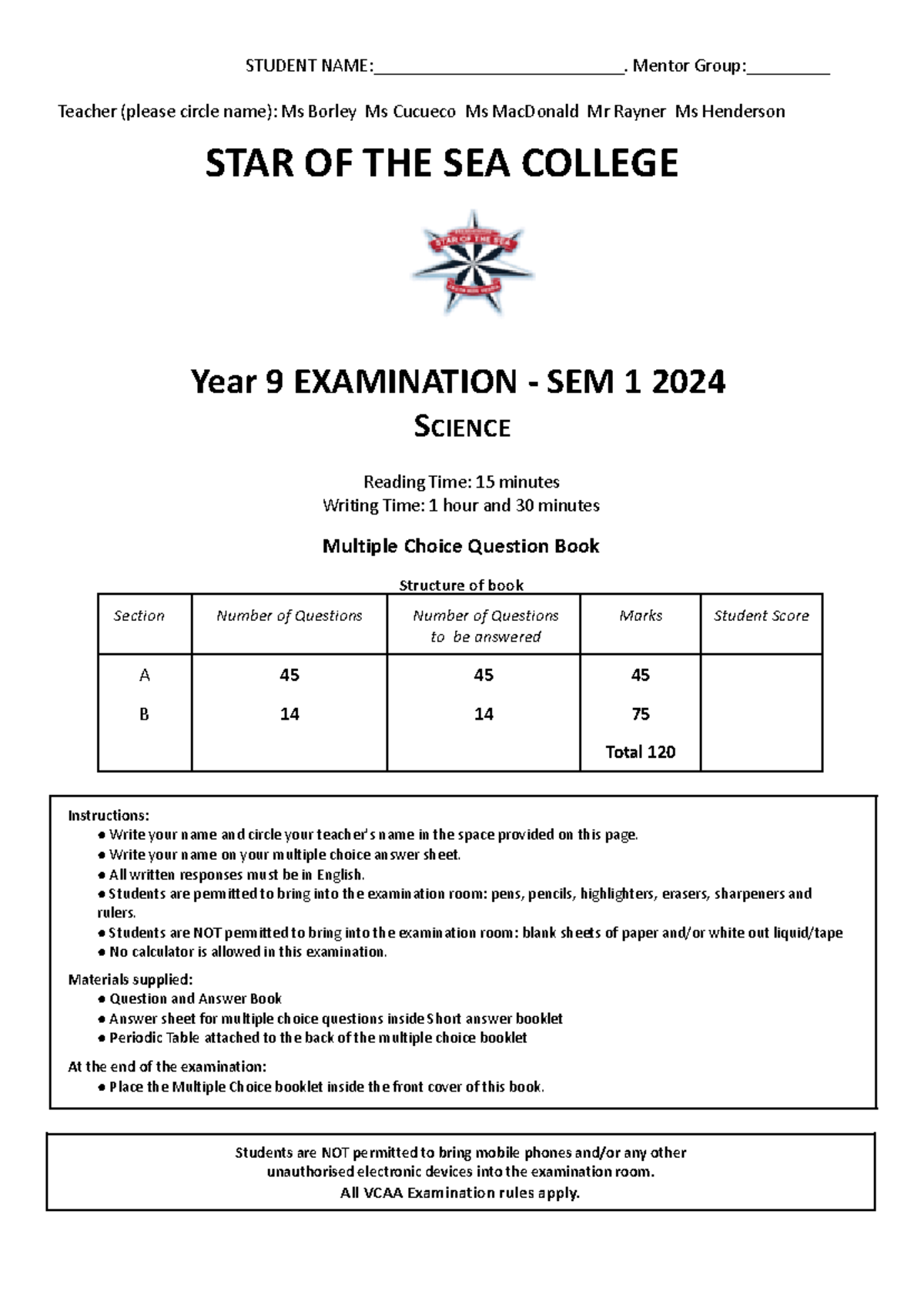 Year 9 Science Exam SEM 1 2024 Question Booklet - Studocu